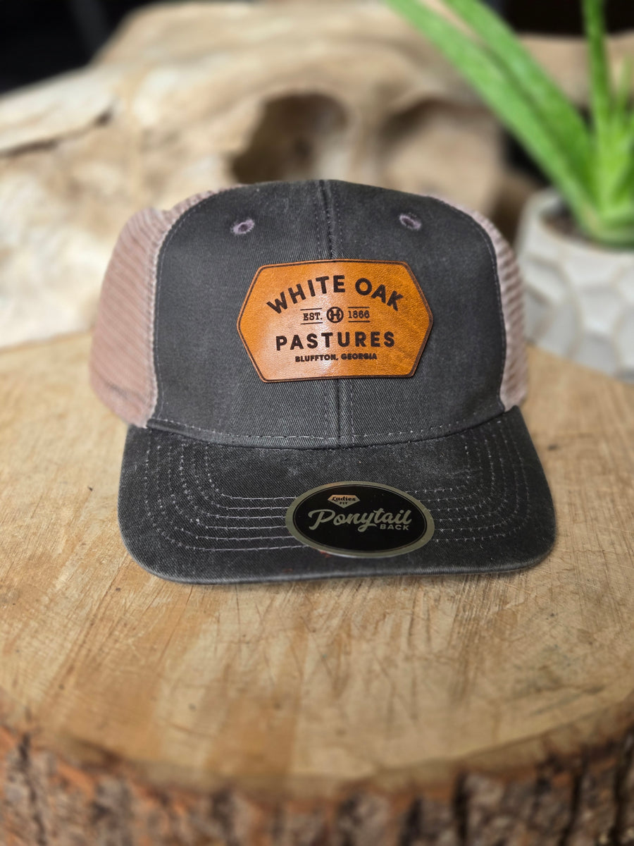 Ponytail Hat with Leather Logo – White Oak Pastures